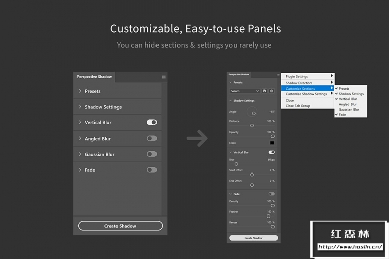 【PS插件】真实模拟阴影投影效果PS扩展插件 Shadowify 2 – Blur & Shadow Plugin Win/Mac汉化版-红森林