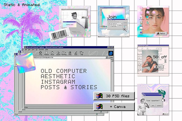 【PSD模板】时尚复古旧电脑Windows95界面风格蒸汽波电商设计新媒体宣传设计PS/Canva模板 Old Computer Insta ...