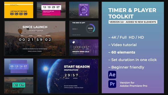 【AE/PR模板】60组时尚创意图形数字计时器播放器倒计时动画 Timer & Player Toolkit-红森林